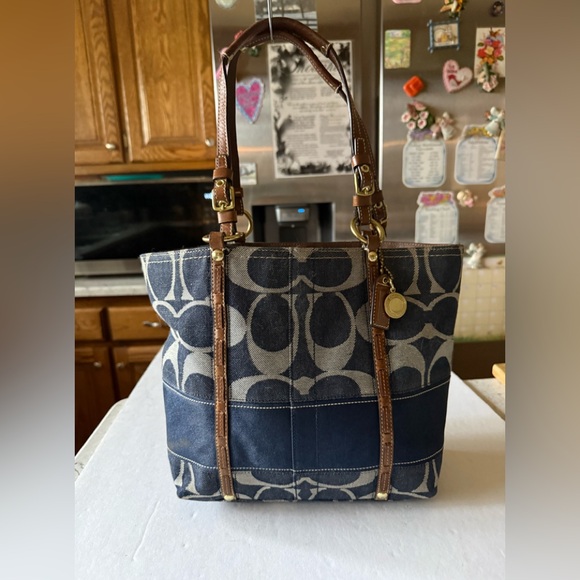 Coach | Bags | Coach Navy Blue Monogram Canvas Leather Tote Shoulderbag ...